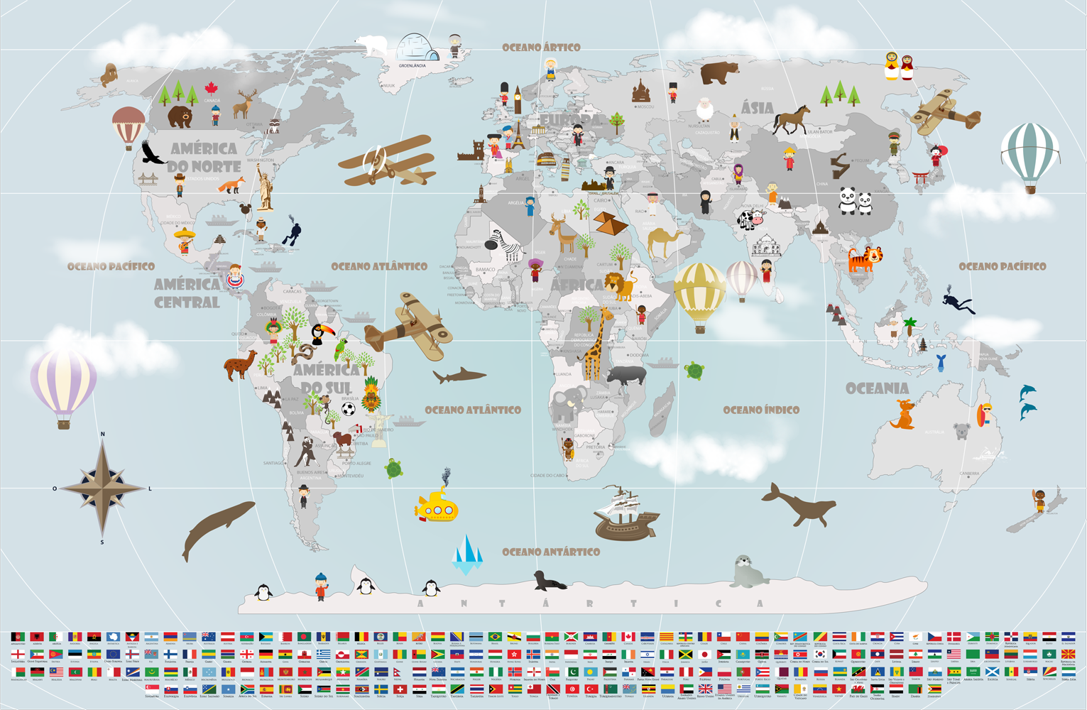 Papel de Parede Mapa Mundi para decoração em adesivo sob medida